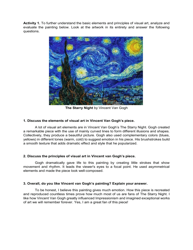 Starry Night Art Analysis Activity