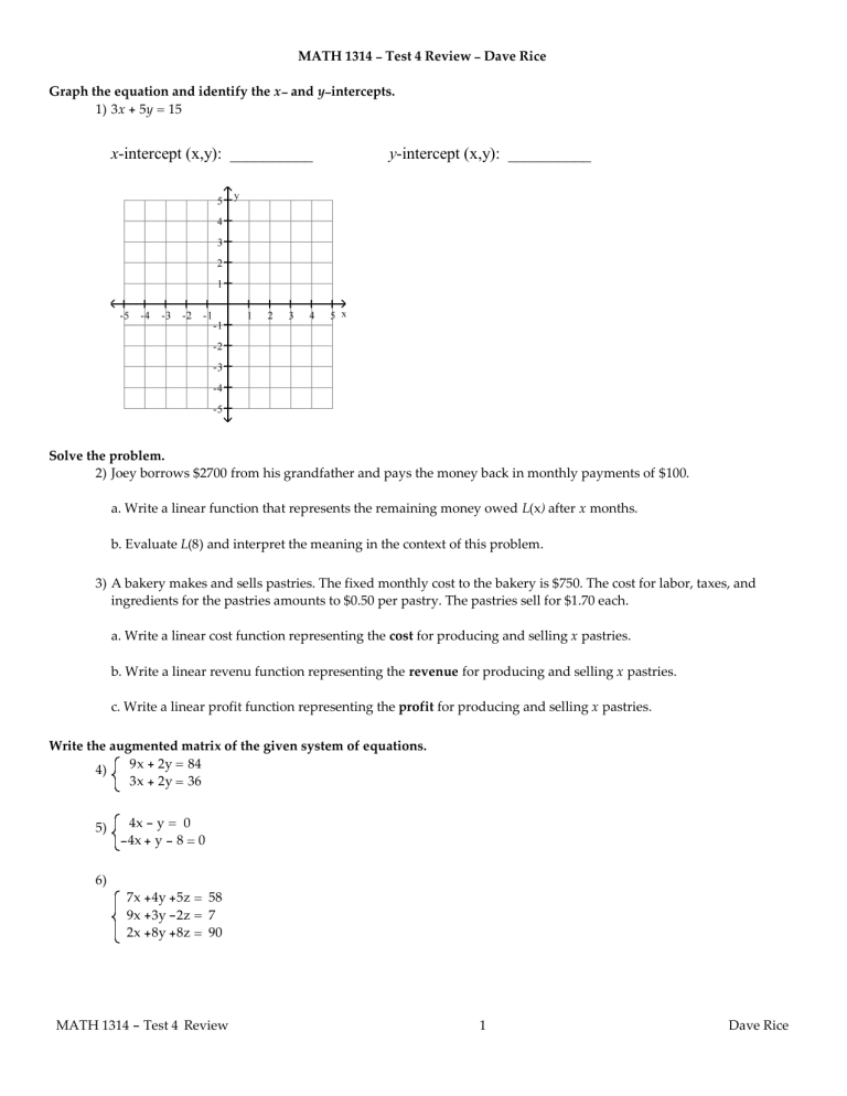 Math 1314 Test 4 Review Linear Equations And Matrices