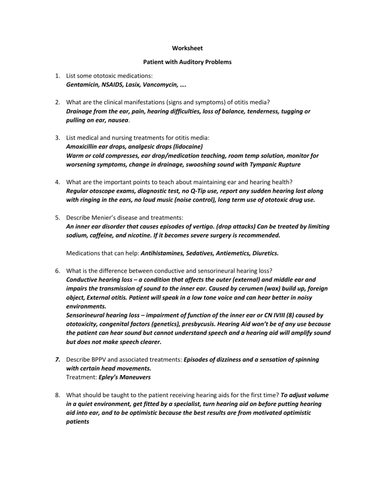 Auditory Problems Worksheet