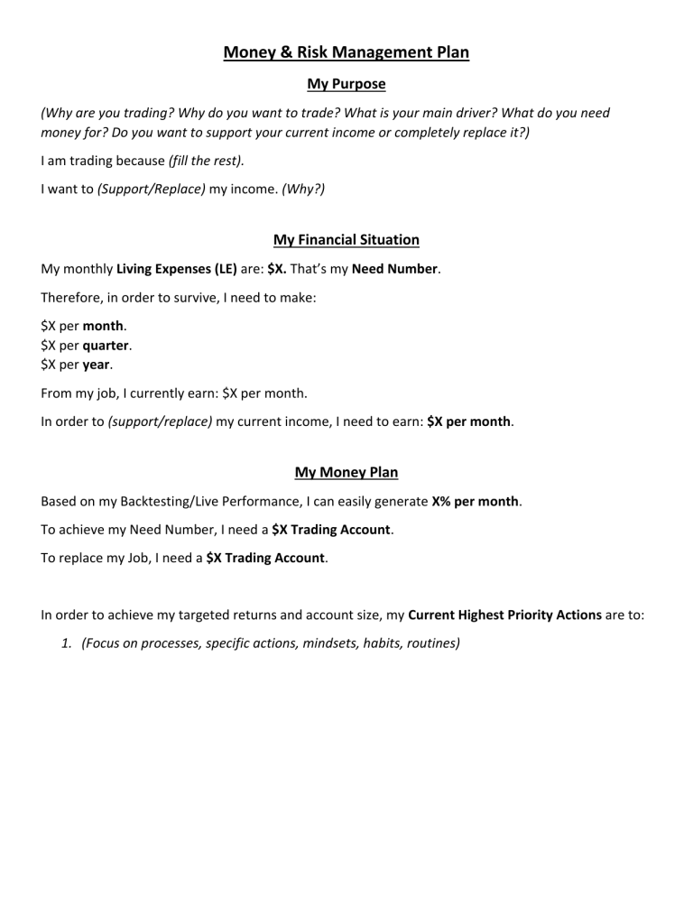 Money & Risk Management Plan for Trading