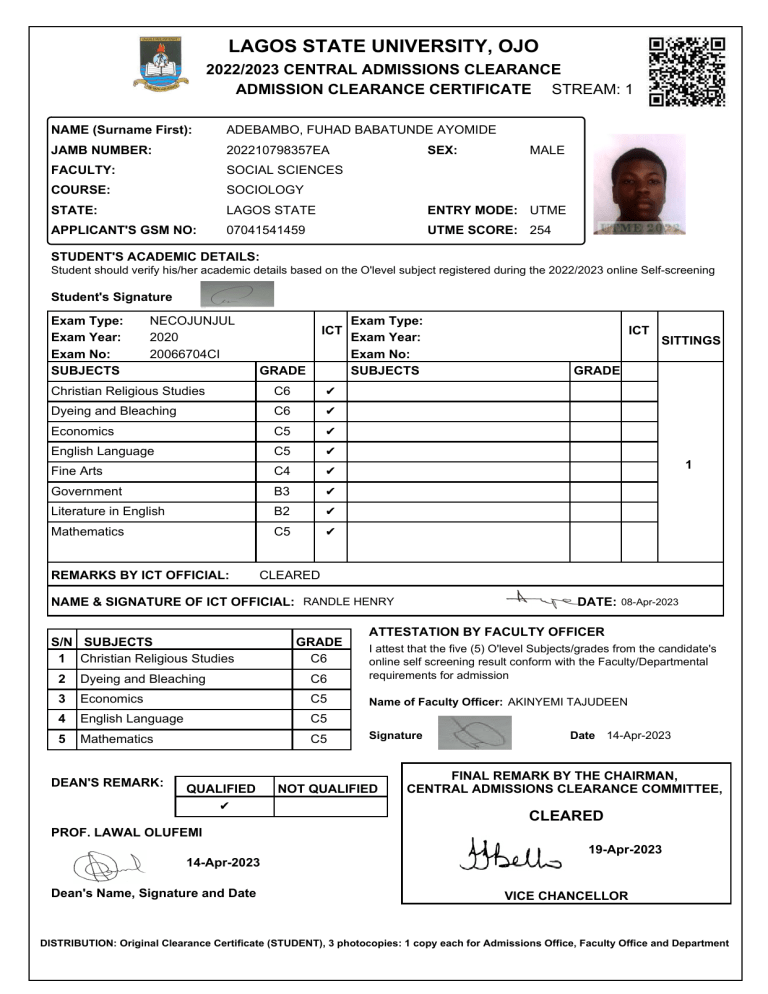 LASU Admission Clearance Certificate - Sociology