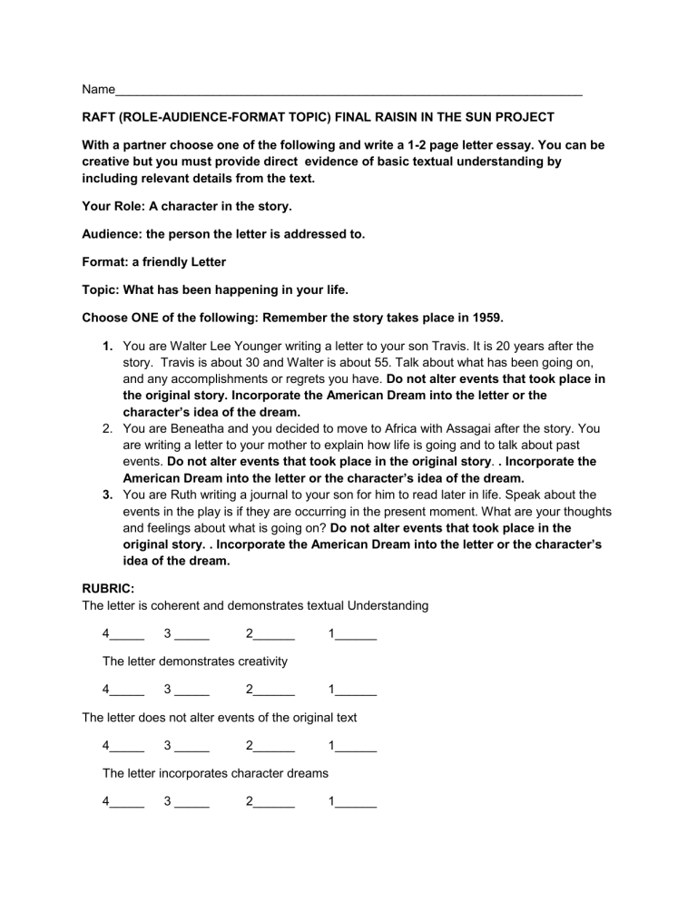 A Raisin in the Sun Project Assignment