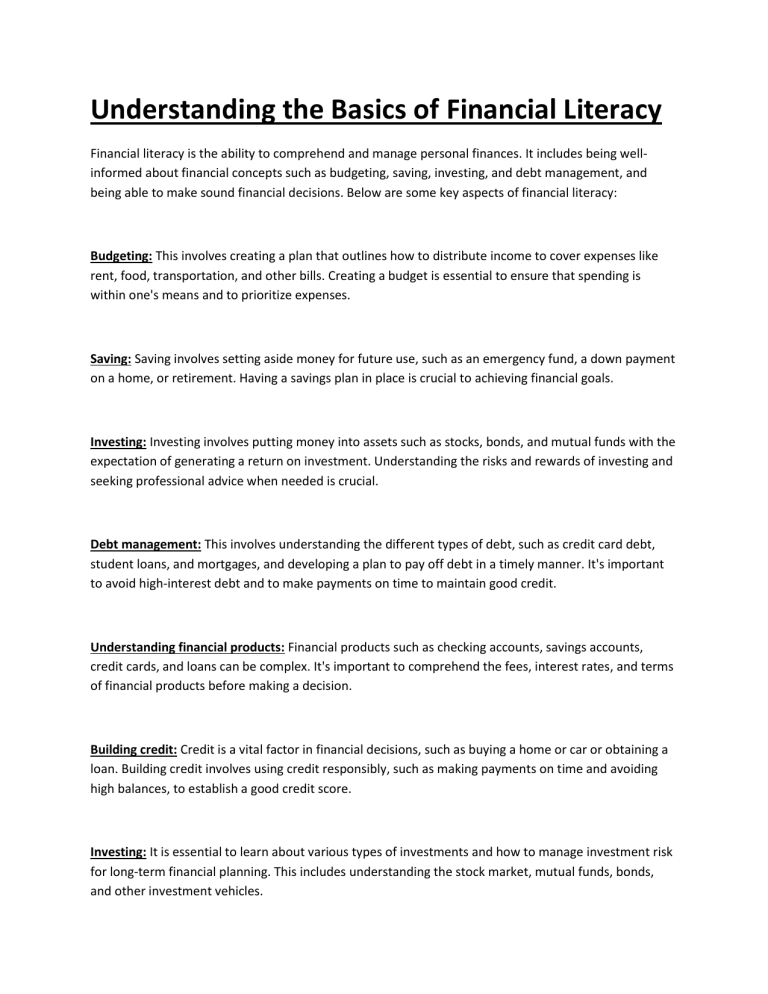 Financial Literacy Basics: Budgeting, Saving, Investing