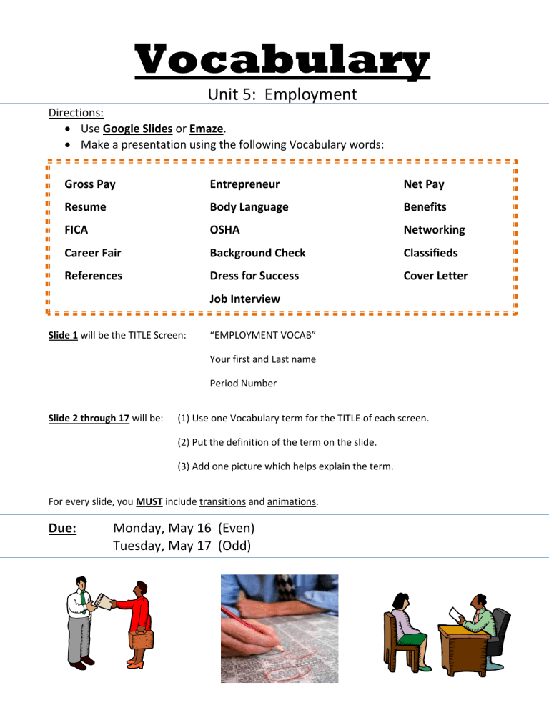 Employment Vocabulary Worksheet