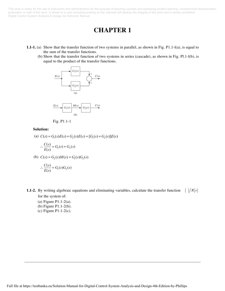 Digital Control System Analysis & Design Instructor Manual