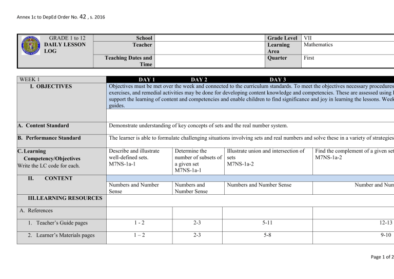 7th Grade Math Daily Lesson Log: Sets & Real Numbers