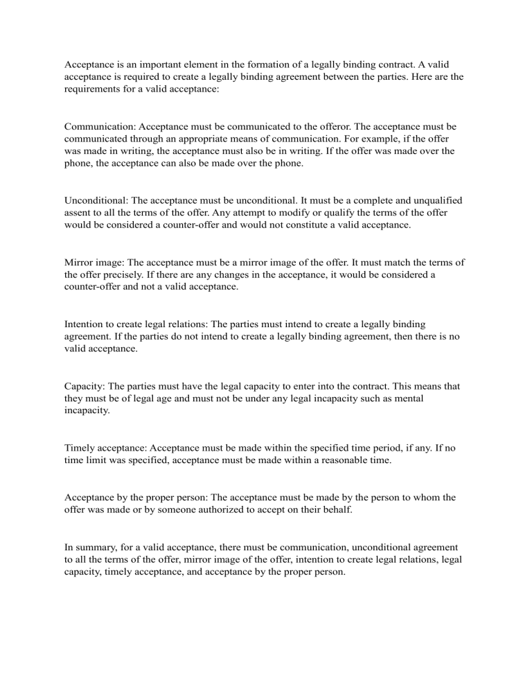 Valid Acceptance in Contract Law: Requirements Explained