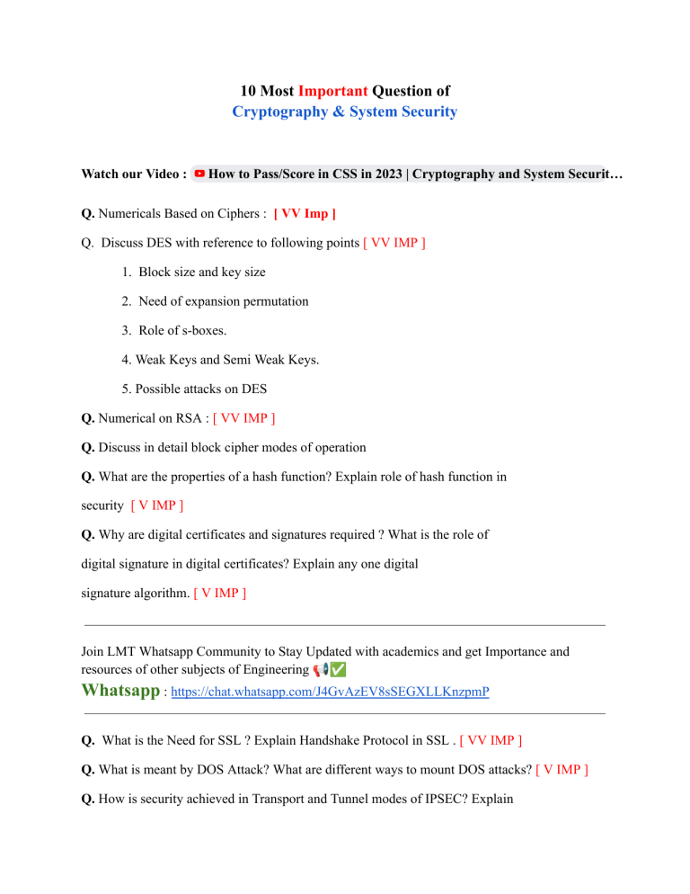 Cryptography & System Security Important Questions
