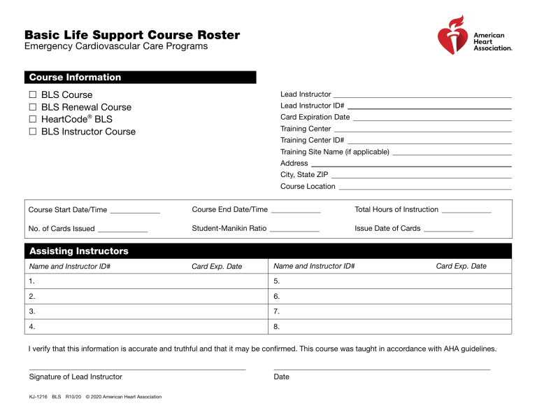 Basic Life Support Course Roster