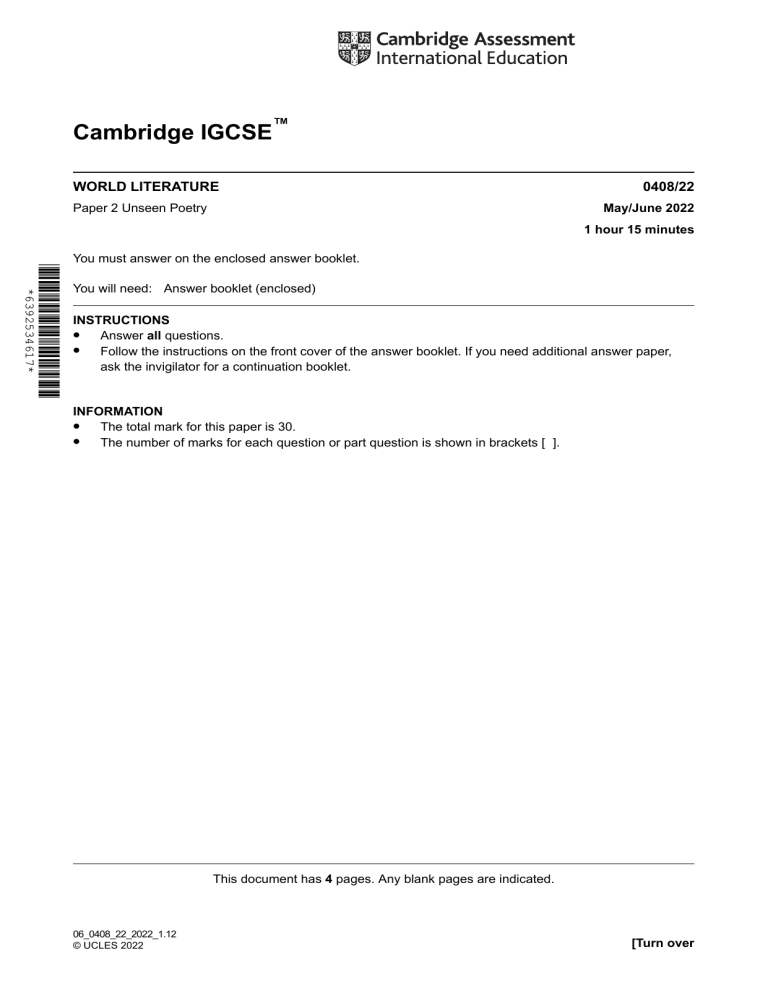 IGCSE World Literature Unseen Poetry Exam Paper