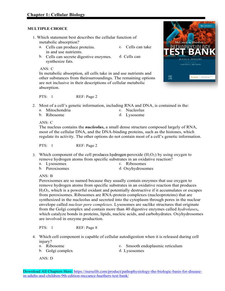 Cellular Biology Test Bank: Pathophysiology
