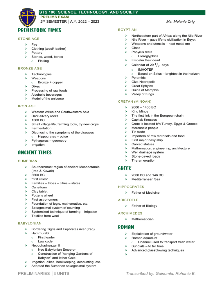 STS Exam Study Guide: Prehistoric & Ancient Civilizations