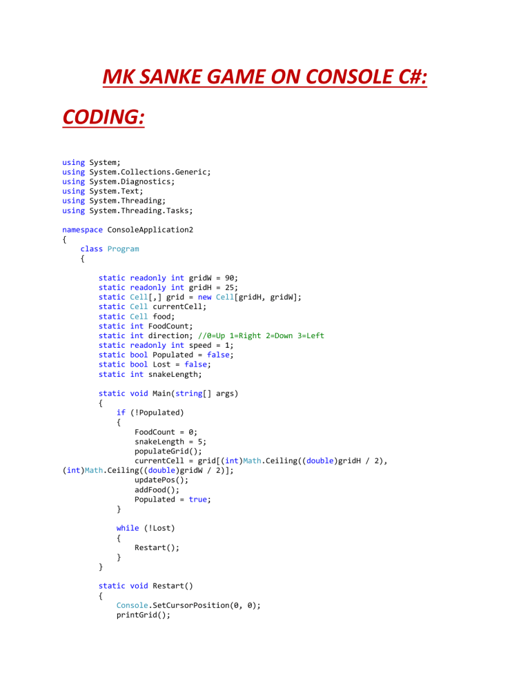 C# Konzola Igra Zmija - Izvorni Kod