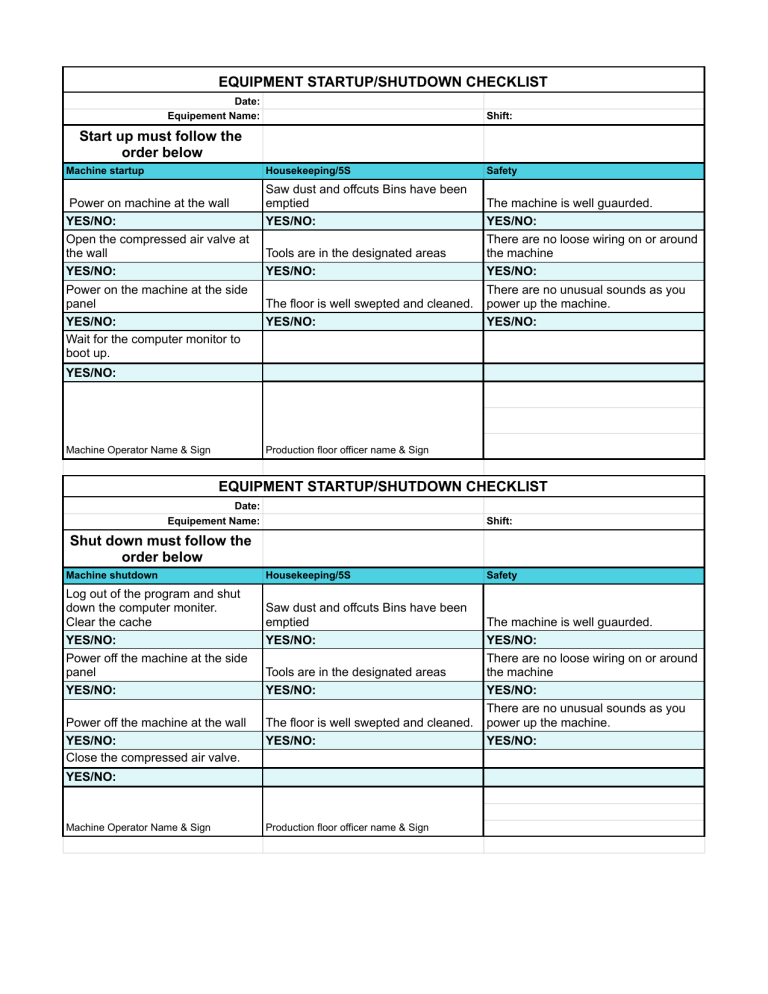 Equipment Startup/Shutdown Checklist