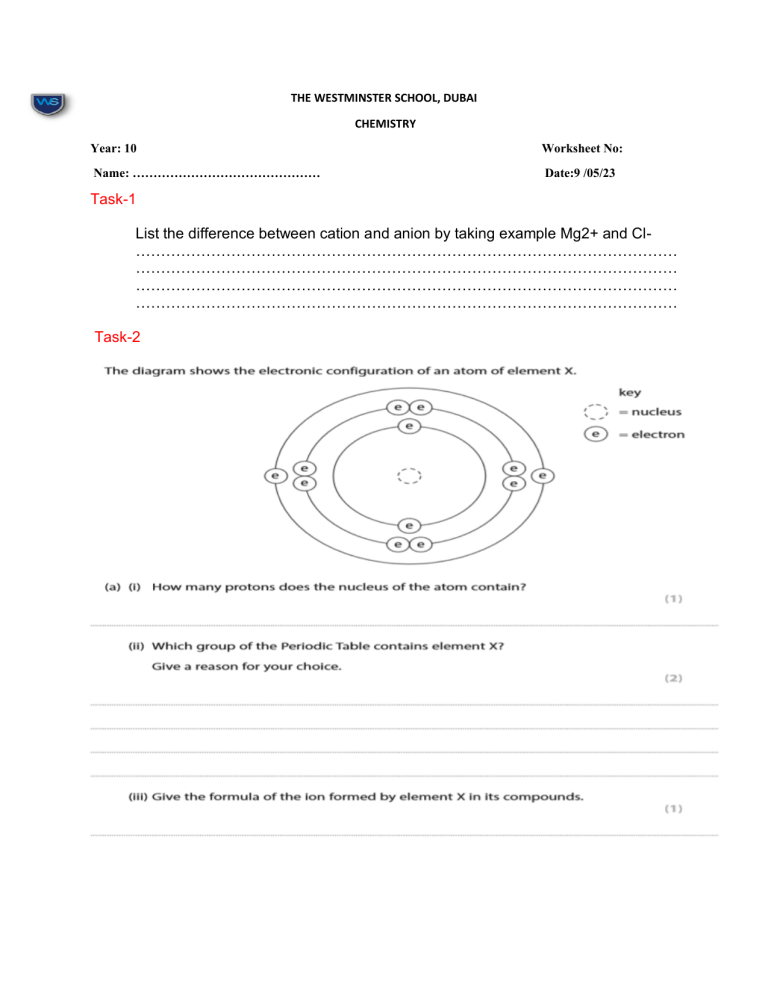 Year 10 Chemistry Worksheet: Cations, Anions, Electronic Config