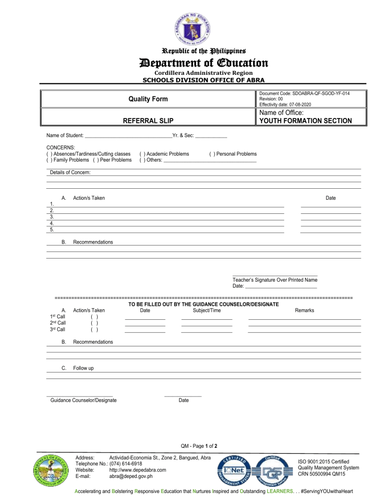 Student Referral Slip & Certification - DepEd Abra