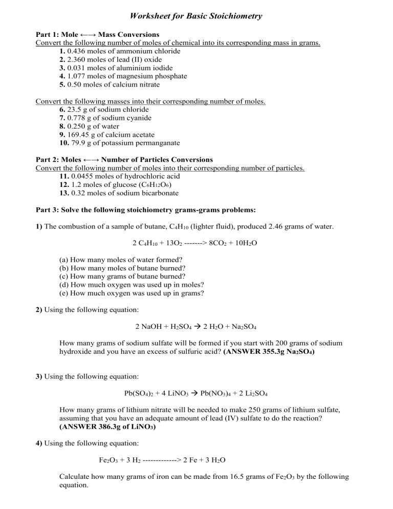 Stoichiometry Worksheet: Mole, Mass, & Gram Conversions