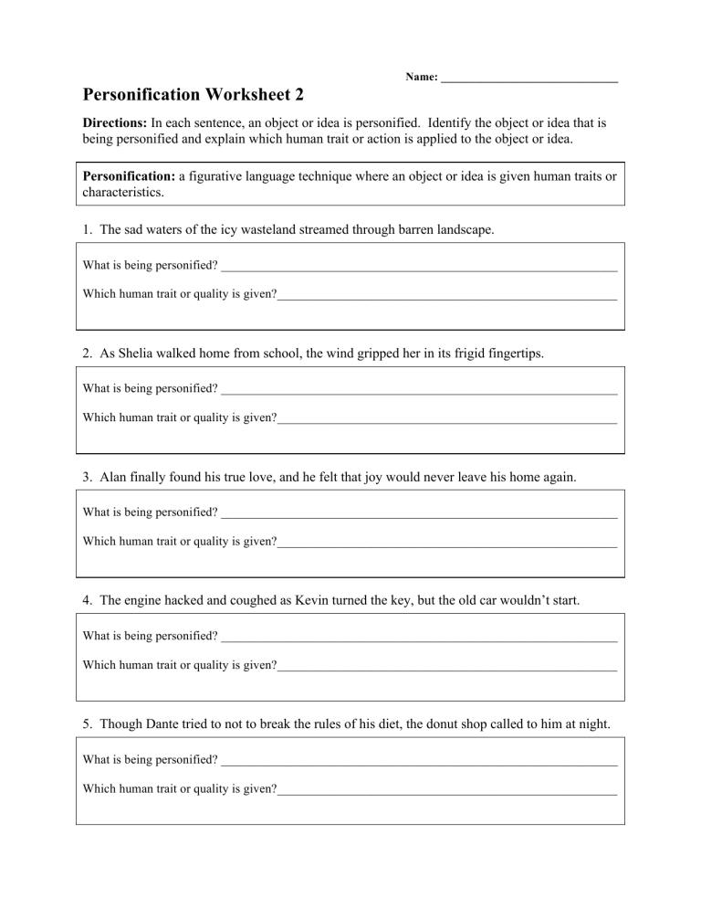 Personification Worksheet 2