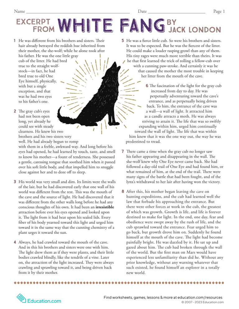 White Fang Excerpt Worksheet