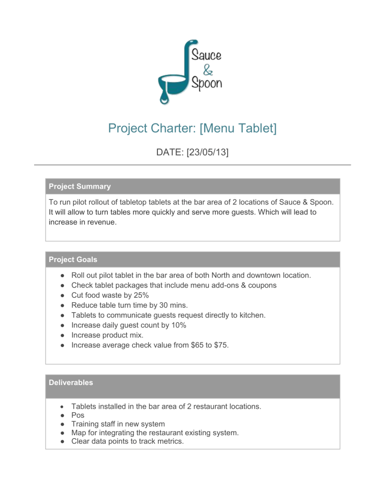 Menu Tablet Project Charter: Sauce & Spoon