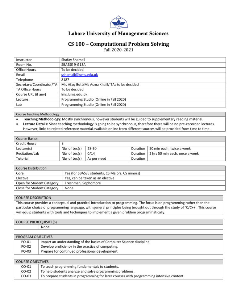 CS 100 Computational Problem Solving Course Syllabus