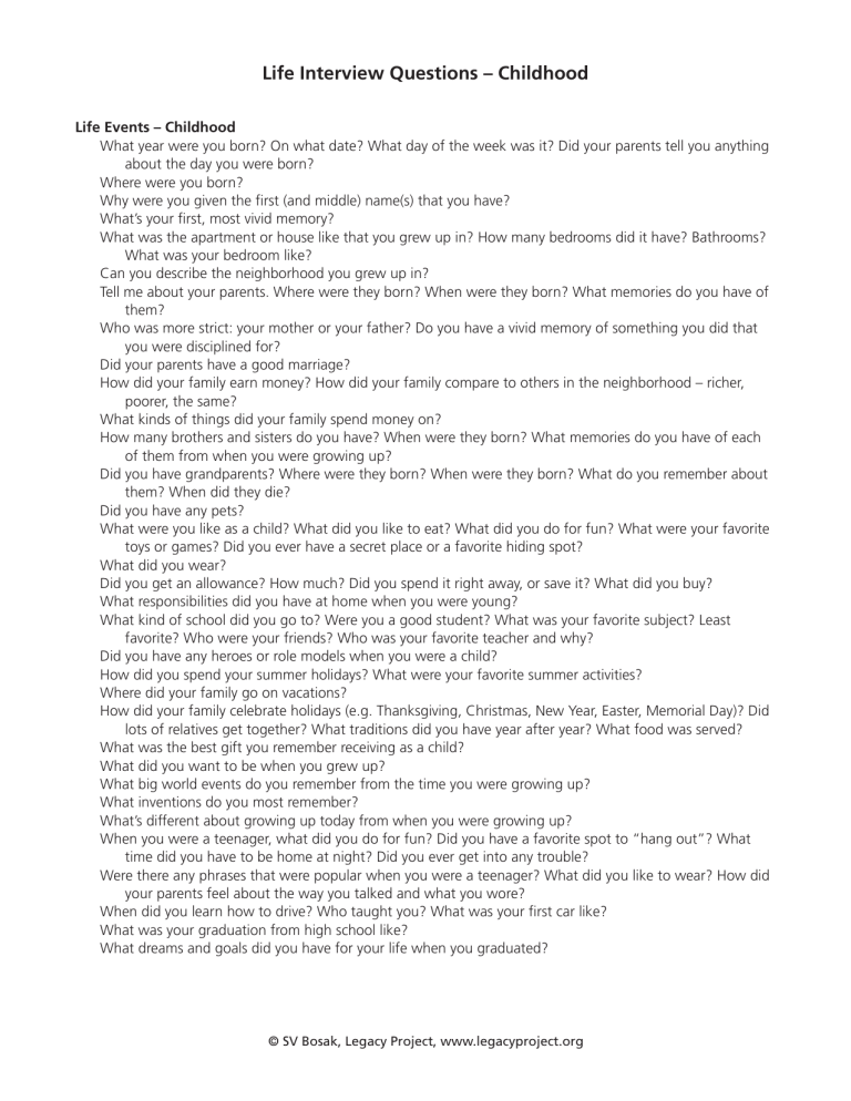 Life Interview Questions: Childhood, Adulthood, Legacy