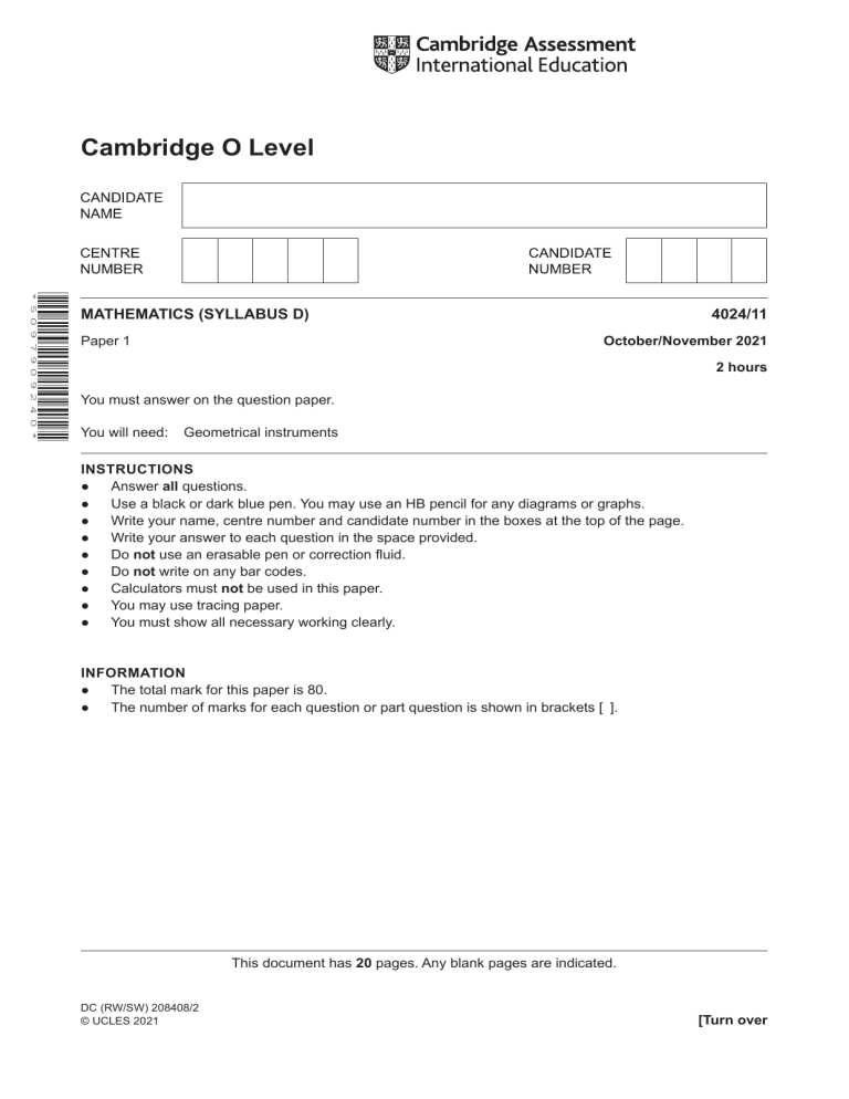 Cambridge O Level Mathematics Exam Paper 4024/11