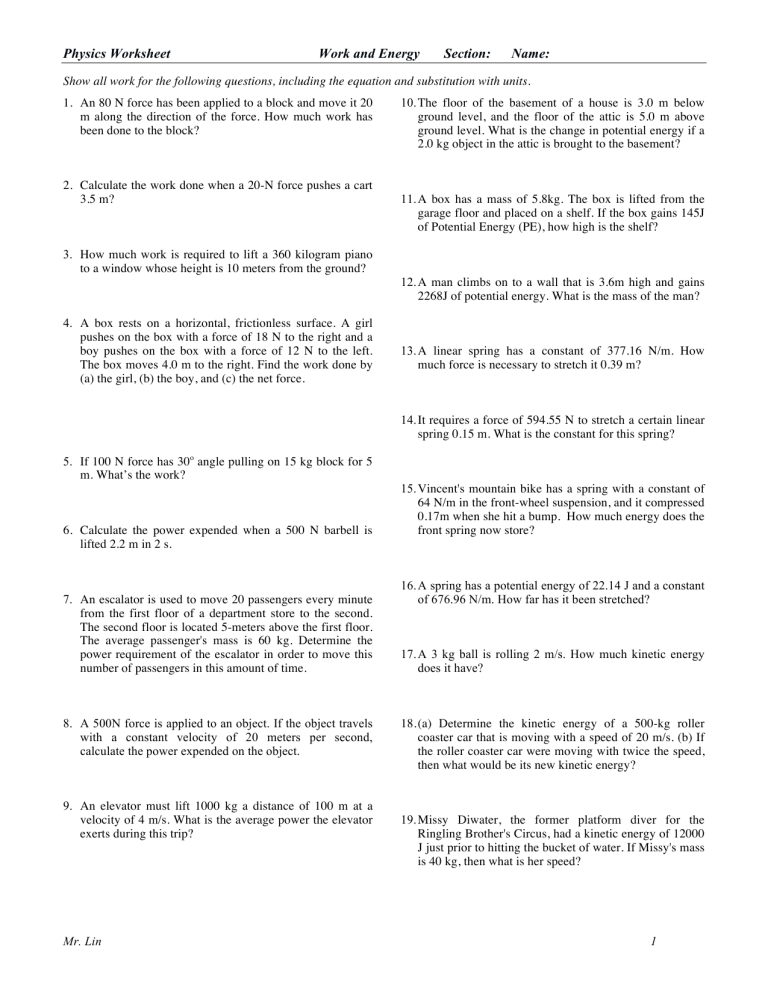 Physics Worksheet: Work and Energy Problems