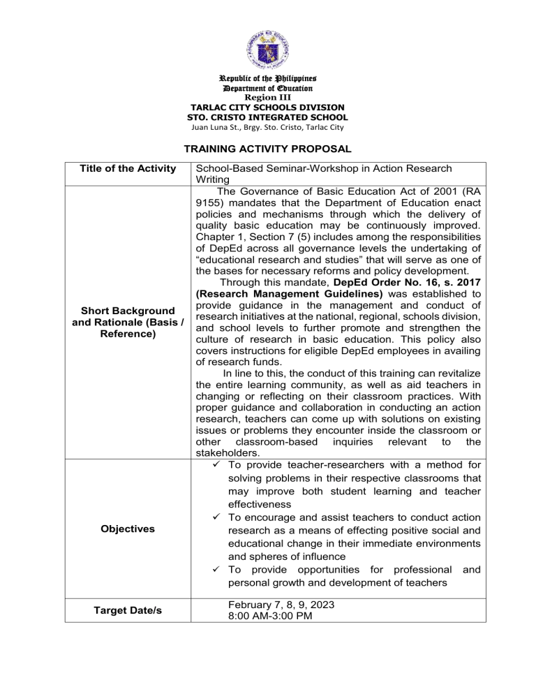 Action Research Training Proposal