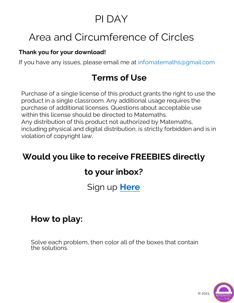 Pi Day: Area & Circumference of Circles Worksheet