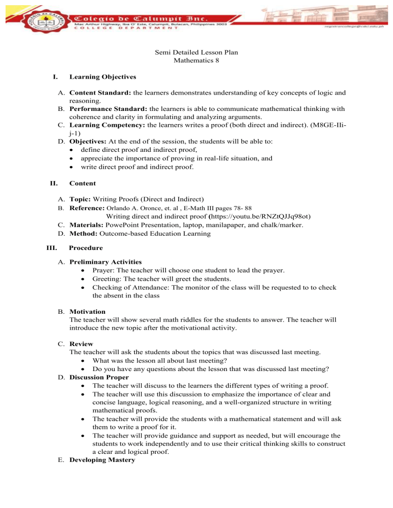 Mathematics 8 Lesson Plan: Direct & Indirect Proofs