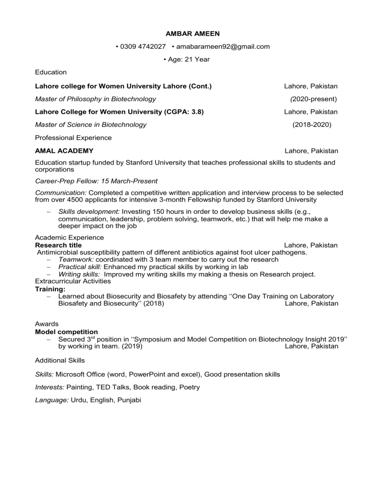 Ambar Ameen Resume: Biotechnology & Professional Skills