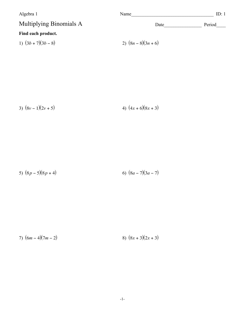 Multiplying Binomials Worksheet - Algebra 1