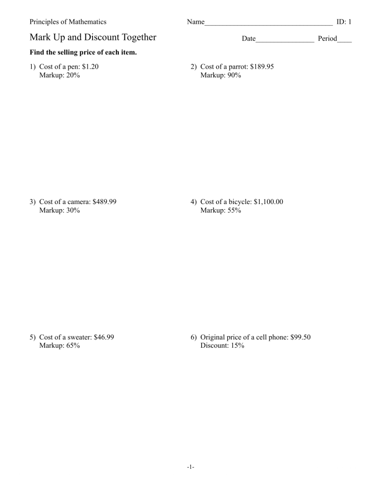 Markup and Discount Worksheet - Math Practice