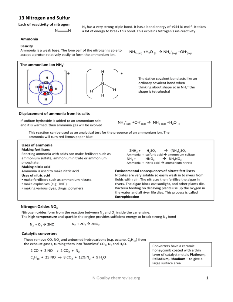 Nitrogen and Sulfur Chemistry Worksheet