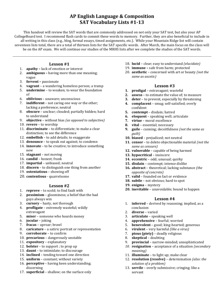 SAT Vocabulary Lists for AP English Language & Composition
