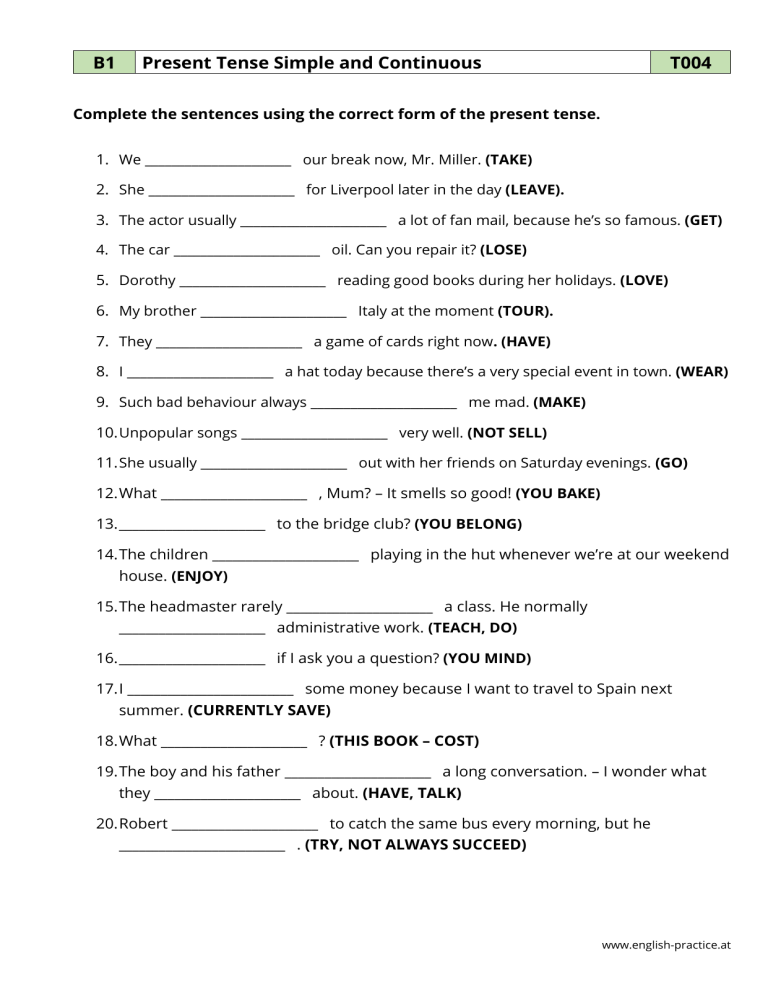 Present Tense Simple & Continuous Worksheet (B1)
