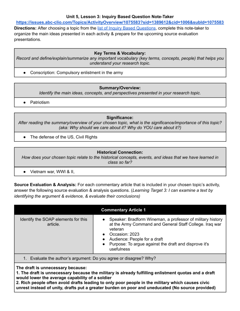 Inquiry Based Question Note-Taker: Conscription & the Draft