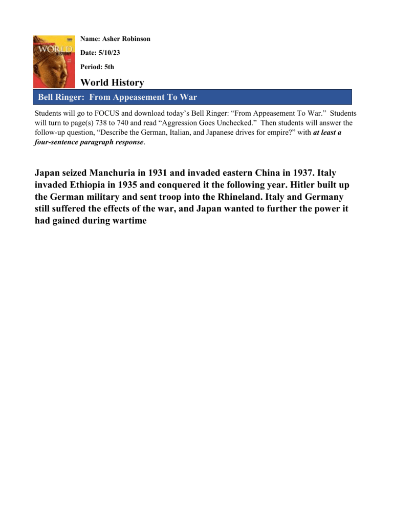 Appeasement to War Bell Ringer Worksheet