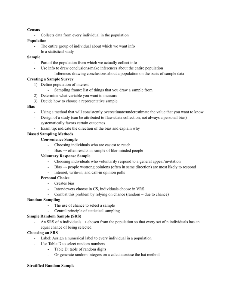 Statistics Lecture Notes: Sampling, Bias, and Experimental Design