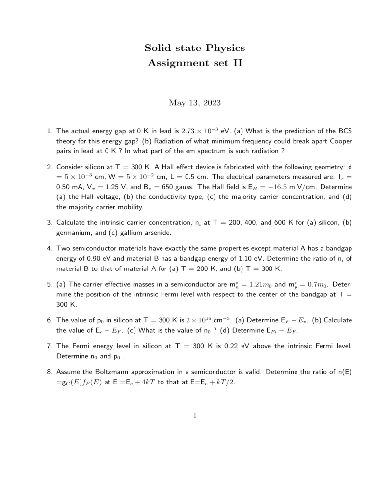 Solid State Physics Assignment Set II
