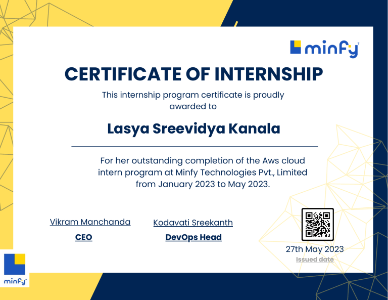 AWS Cloud Internship Certificate - Lasya Kanala