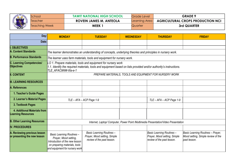 Grade 9 Agricultural Crops Production Lesson Log
