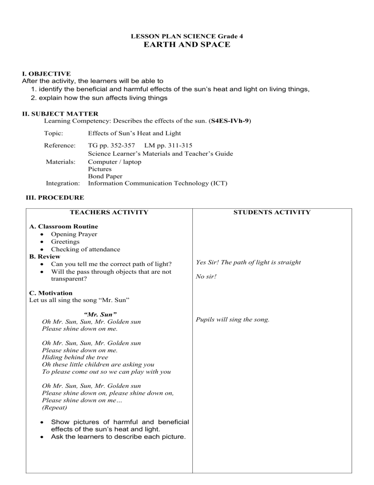 Grade 4 Science Lesson Plan: Effects of the Sun