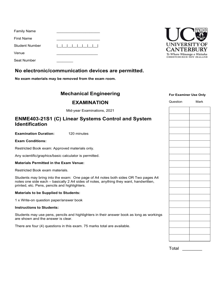 Linear Systems Control Exam Paper