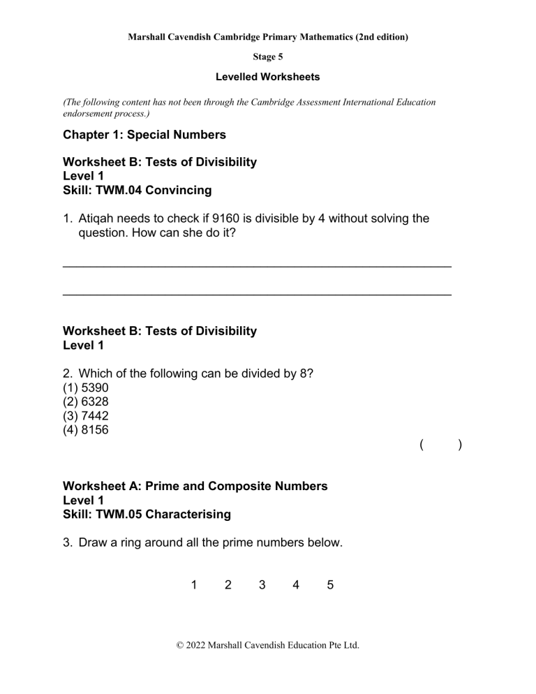 Math Worksheet: Special Numbers, Divisibility, Prime Numbers