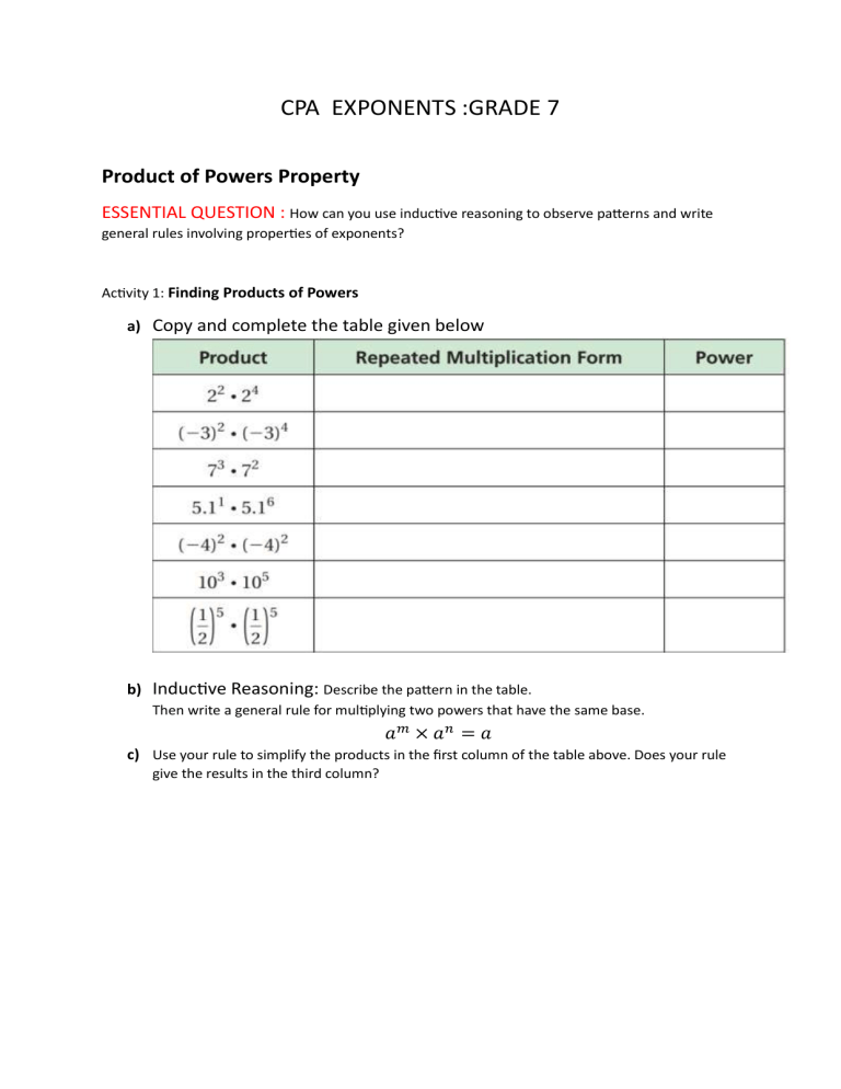 Exponents Worksheet: Product of Powers Property