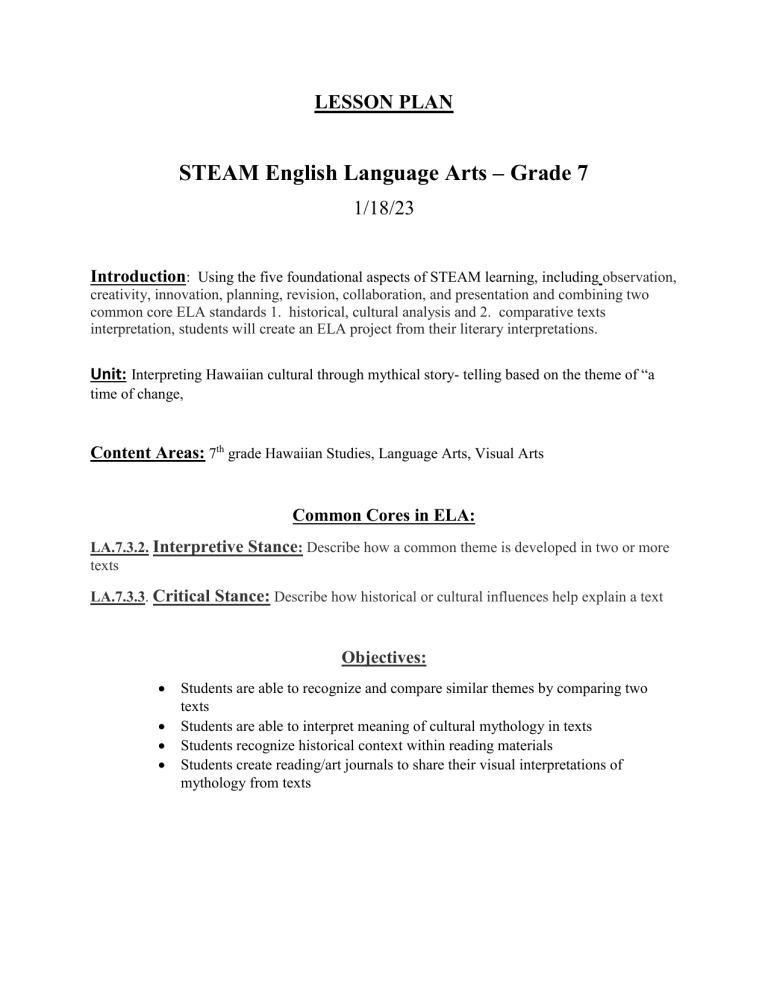 7th Grade STEAM ELA Lesson Plan: Hawaiian Mythology