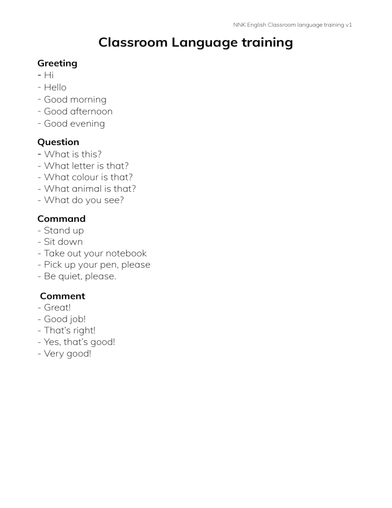 English Classroom Language Training: Greetings, Questions, Commands