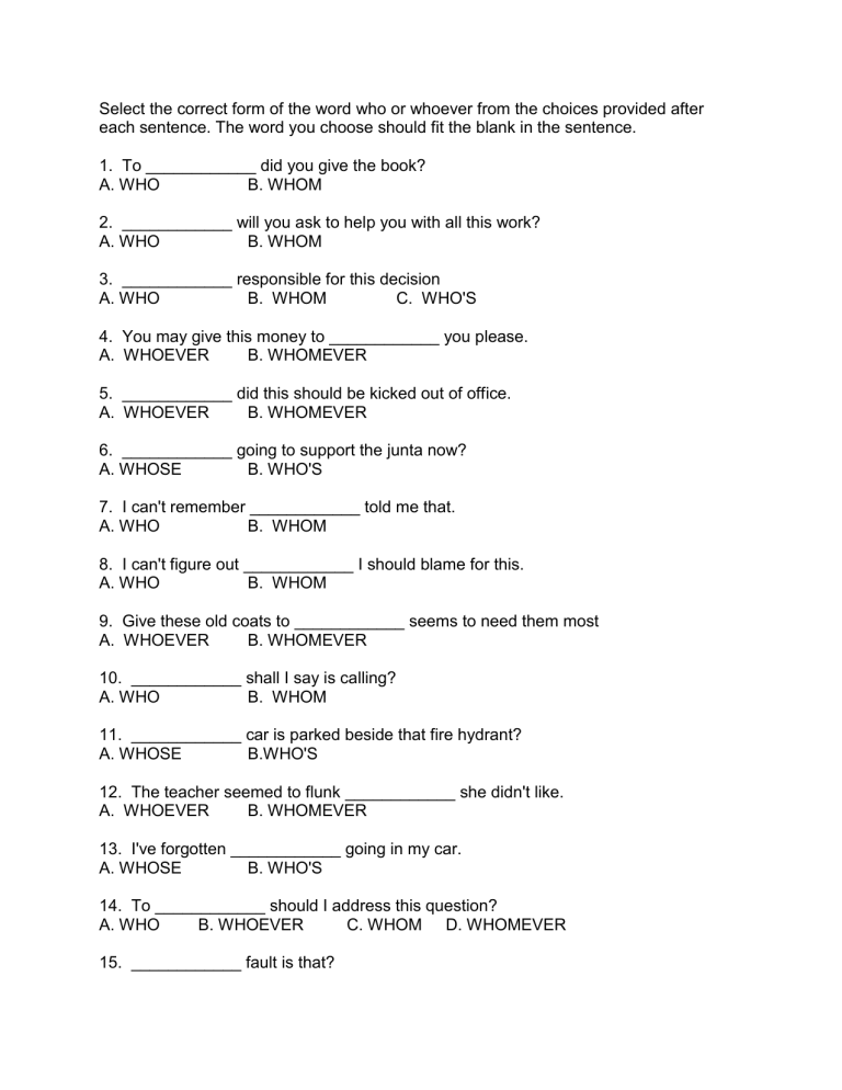 Who vs. Whom Worksheet: Grammar Practice